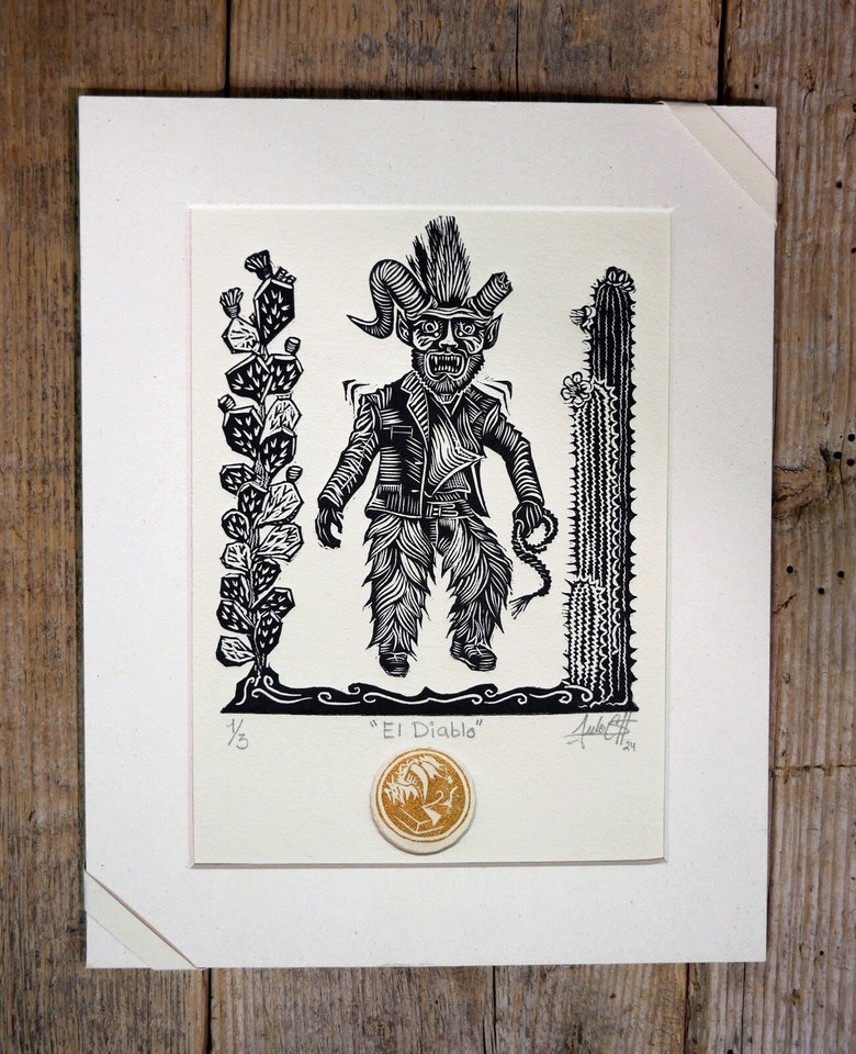 Devil Demon Cactus Woodcut Print Handmade UnFramed Julio Suarez Mexican ...