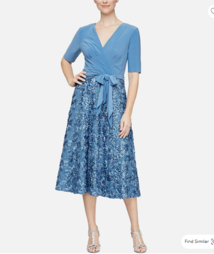 ALEX EVENINGS Periwinkle Sequin Lace Rosette Belted Surplice V-Neck Tea ...