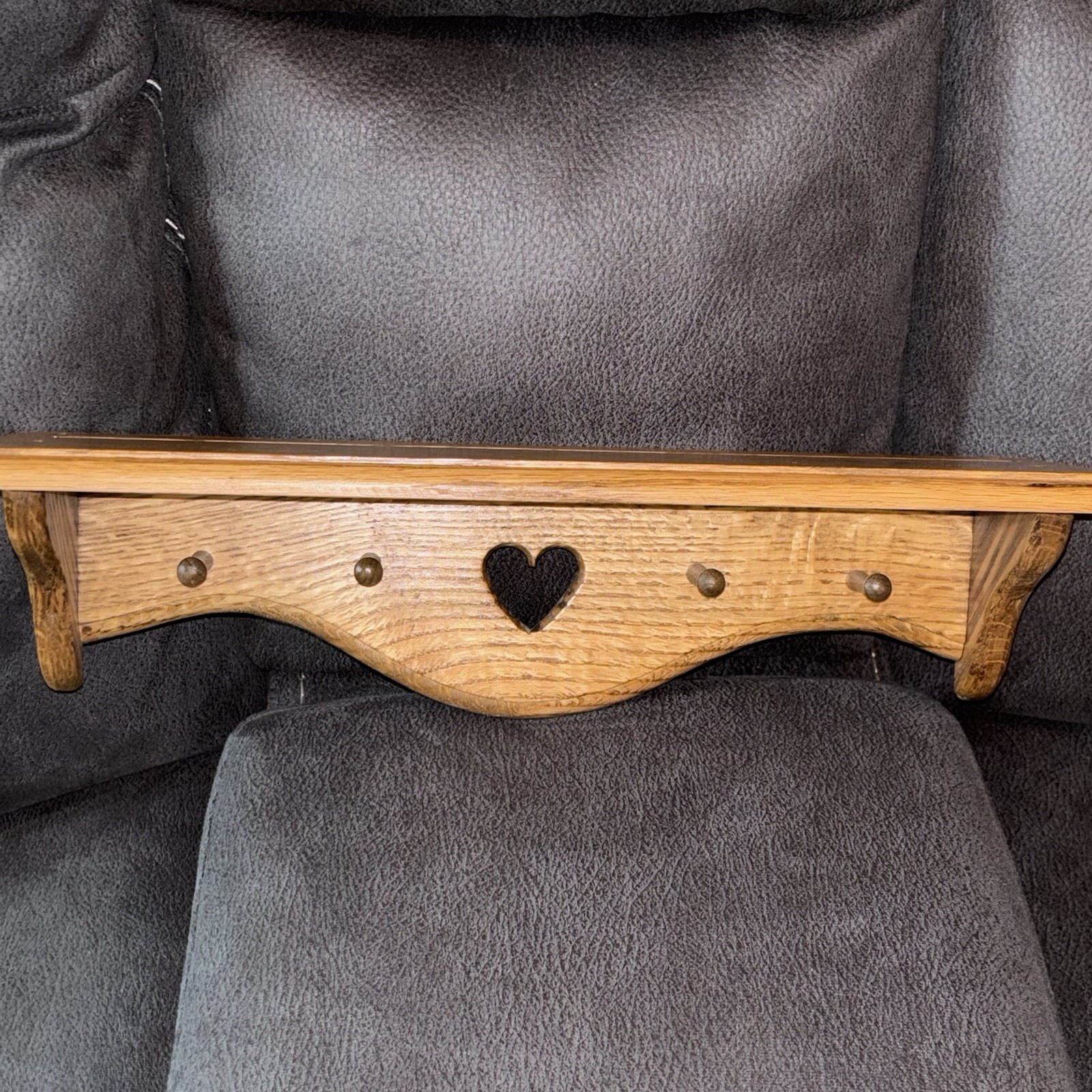 Vtg Handmade Solid Oak Wall Shelf Heart Pegs Country Primitive 18 ...