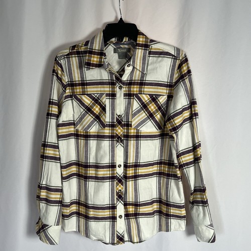 Natural Reflections Women Top Small Yellow Plaid Flannel Button Up 100% ...