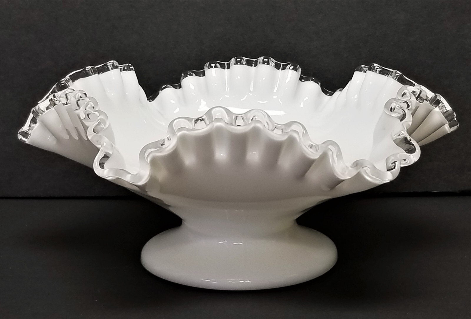 Vintage Fenton Silver Crest Ruffled Edge Milk Glass Bowl with Clear ...