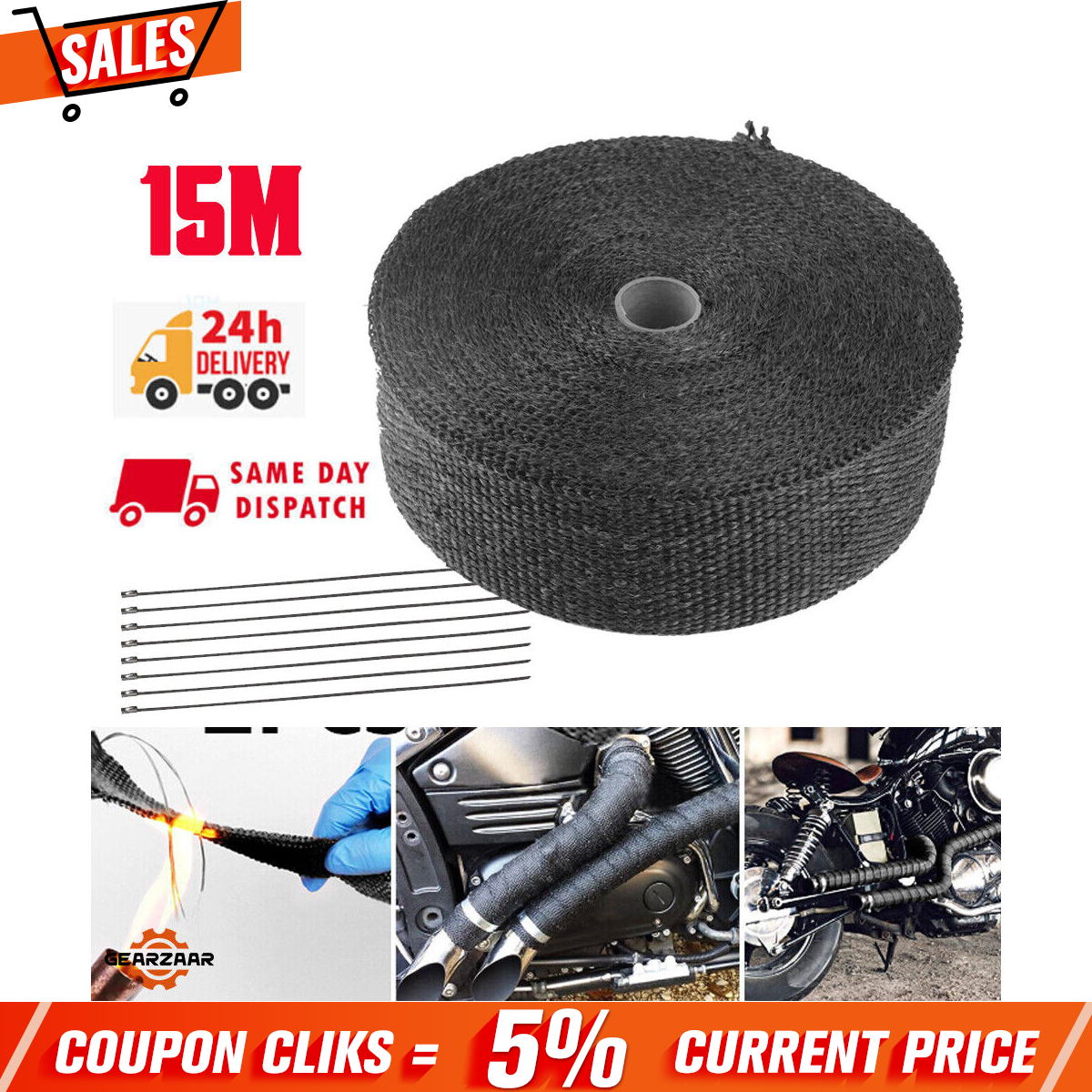 15M Titanium Black Heat Wrap Tape Exhaust Insulating Downpipe Manifold ...