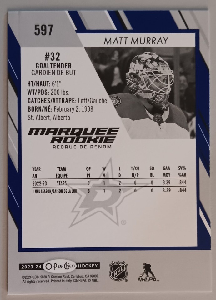 2023-24 OPC Matt Murray Blue Border Rookie Card # 597 Dallas Stars | eBay