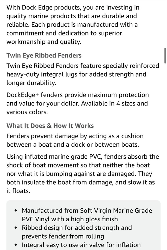 Dock Edge + Twin Eye, Dolphin Boat Fender, Ribbed, 5.5"x20", White, 2 ...