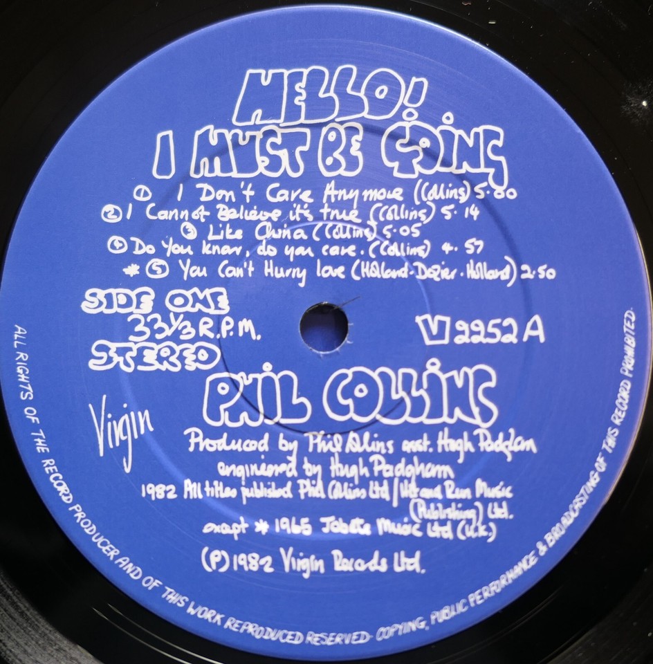 V2252 Phil Collins Hello I Must Be Going! 1982 Virgin Records Vinyl LP ...
