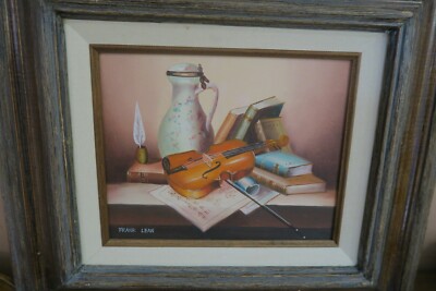 Signed Frank Lean Oil on Board Painting 8" x 10" Framed Violin Candle ...