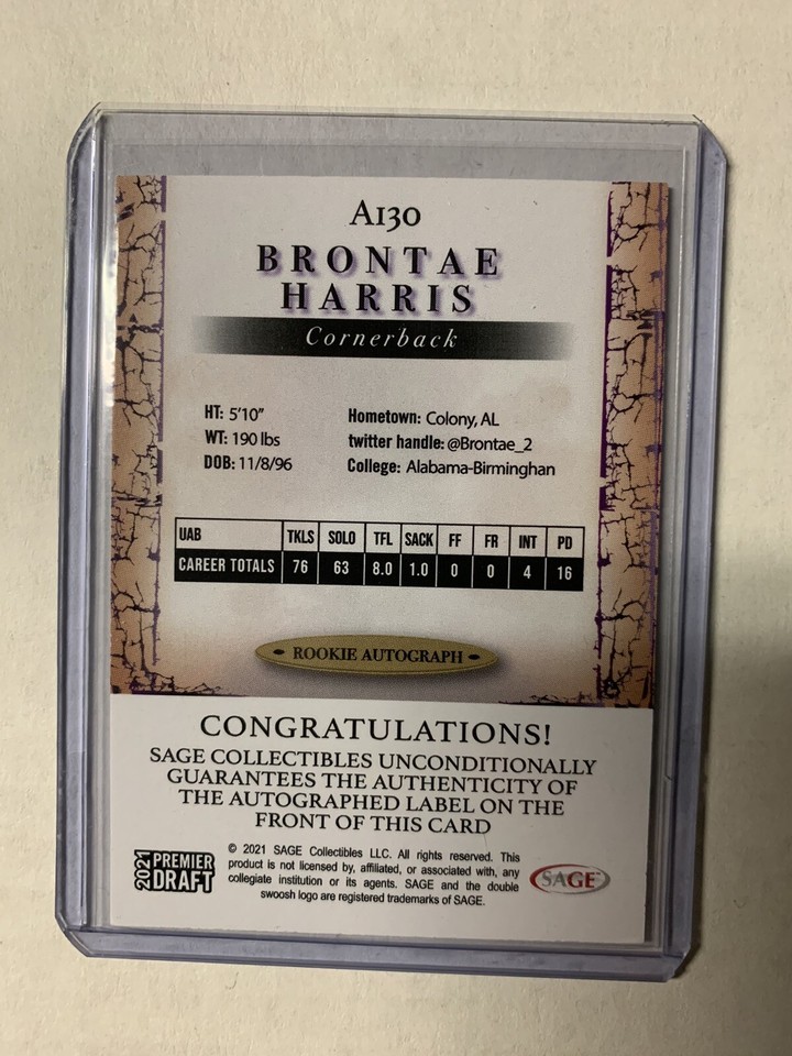 Brontae Harris RC 2021 SAGE HIT Autographs RED #A130 | eBay