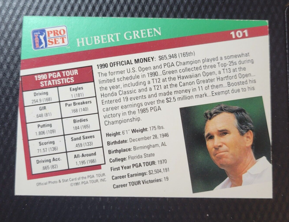 1991 Pro Set Official PGA Tour HUBERT GREEN 1990 Golfing Stats HOF Card ...