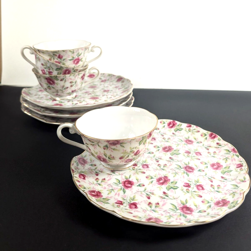 Vintage Lefton Chintz Snack Set Pink Roses 4 Teacup and Plates Shell ...