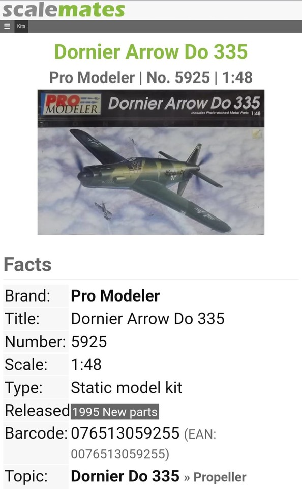 1995 Pro Modeler, German Dornier Do 335 1:48 Scale Kit #5925 ☆New ...