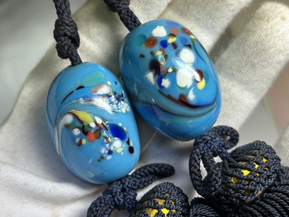 FUCHIN Lot #153 Japanese Antique Blue Green Glass Art Hanging Scroll ...