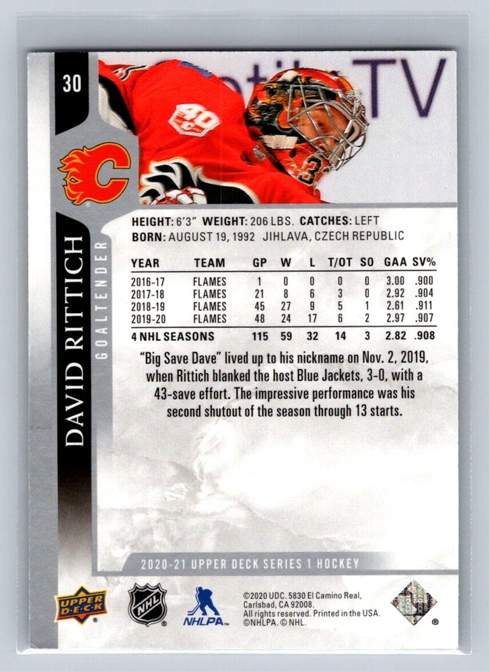 2020-21 Upper Deck #30 David Rittich Calgary Flames | eBay