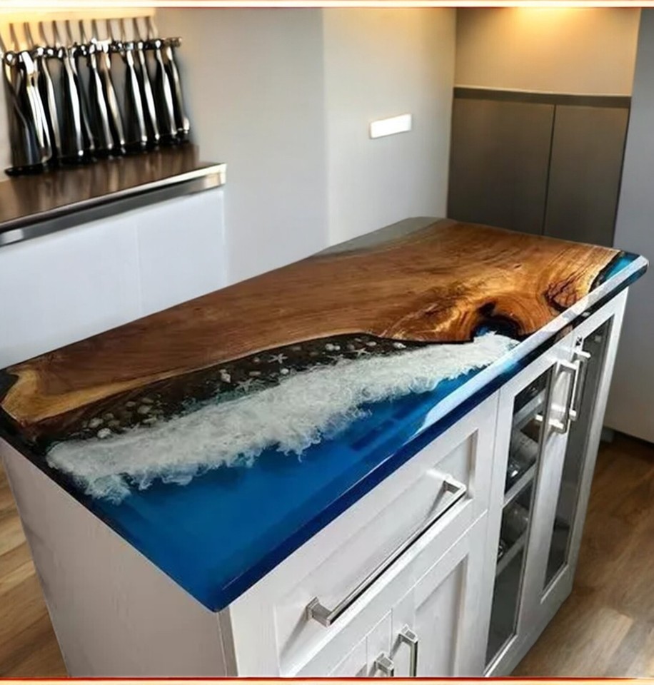 Blue Resin Epoxy Ocean Themed Kitchen Countertop Handmade Wooden Study ...