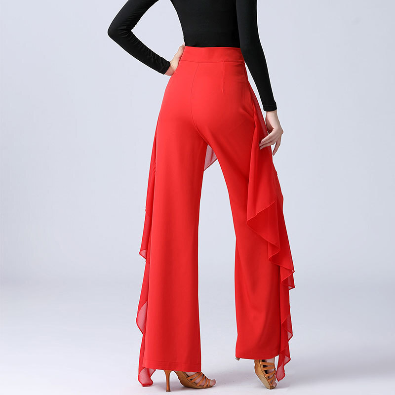 Ladies High Waisted Latin Dance Ruffle Pants Ballroom Practice Trousers ...