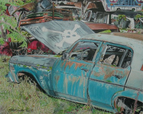 Detailed Realism Drawing, Classic Car, Salvage Yard, Artwork By N.E ...