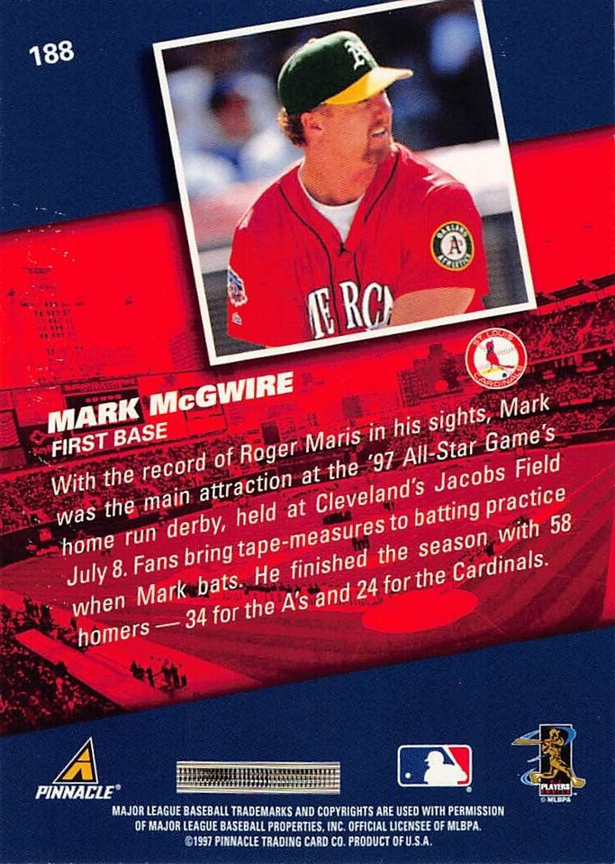 1997 Pinnacle Baseball Mark McGwire Goin' Jake #188 NM/MT OAKLAND ...