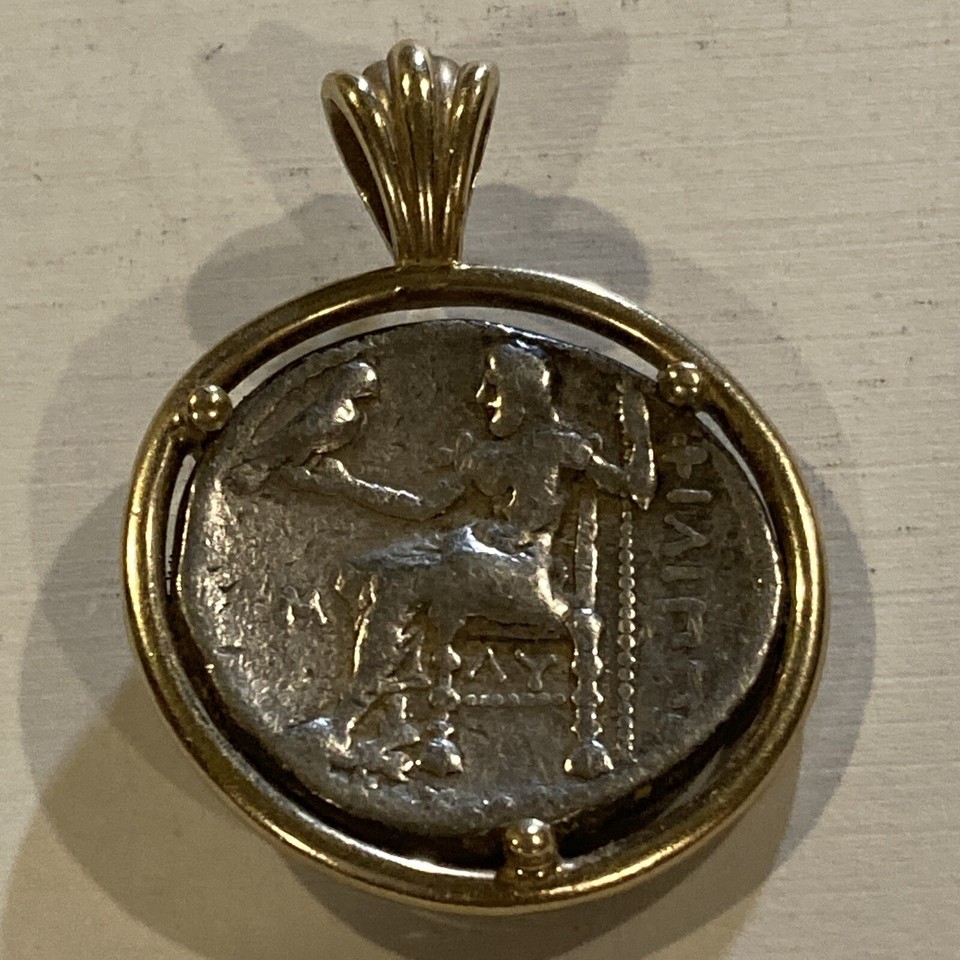 Silver Ancient Greek Alexander The Great Coin Pendant In 14Kt Yellow ...