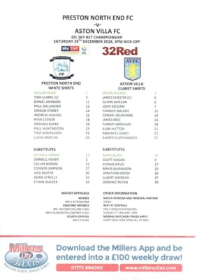Team Sheet - Preston v Aston Villa 29.12.2018 | eBay UK