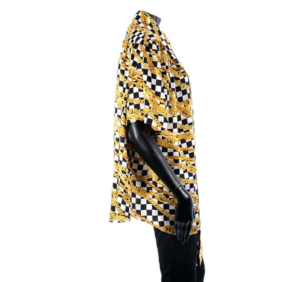 BALENCIAGA 1495$ Silk Blouse - Gold Chains Print, Bow Collar, Checkered ...
