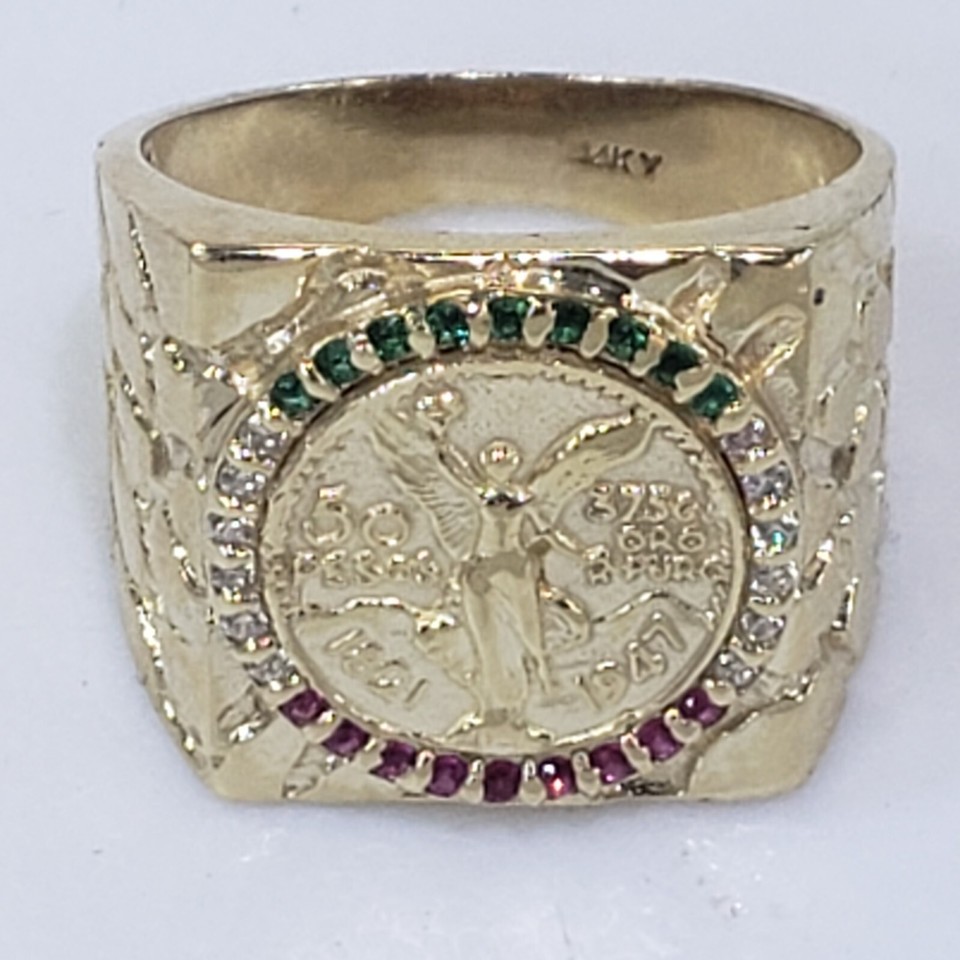 solid 14k Yellow Gold Mexican Pesos Centenario Nugget Ring Size 9 10 11 ...