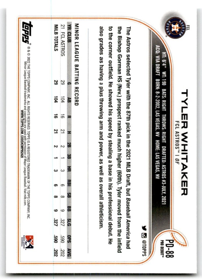 2022 TOPPS PRO DEBUT TYLER WHITAKER FCL ASTROS #PD-88 | eBay