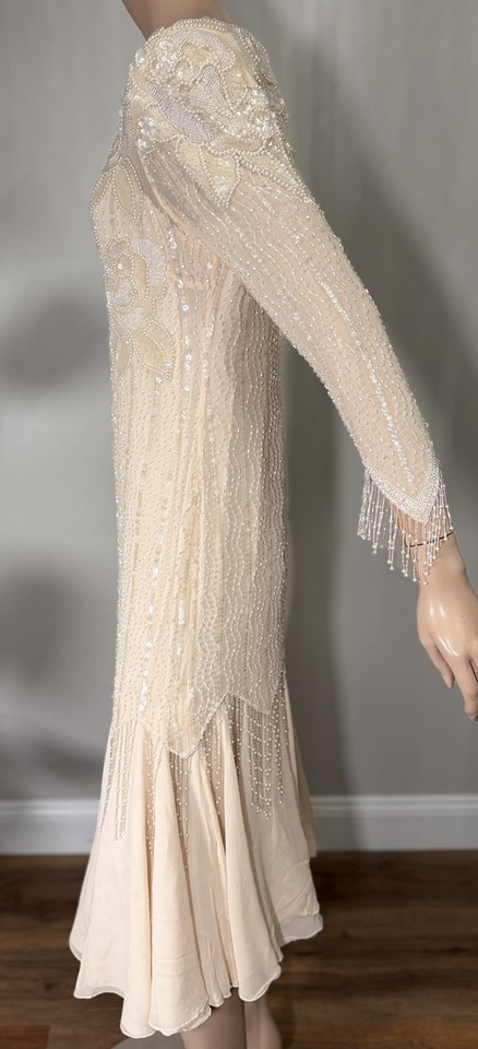 Vintage Oleg Cassini Silk Beaded Art Deco Dress Peach Sequin Fringe | eBay