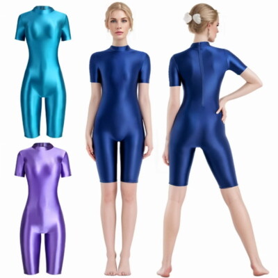 Women Sexy Smooth One Piece Jumpsuits Back Zipper Rompers Short Sleeve ...