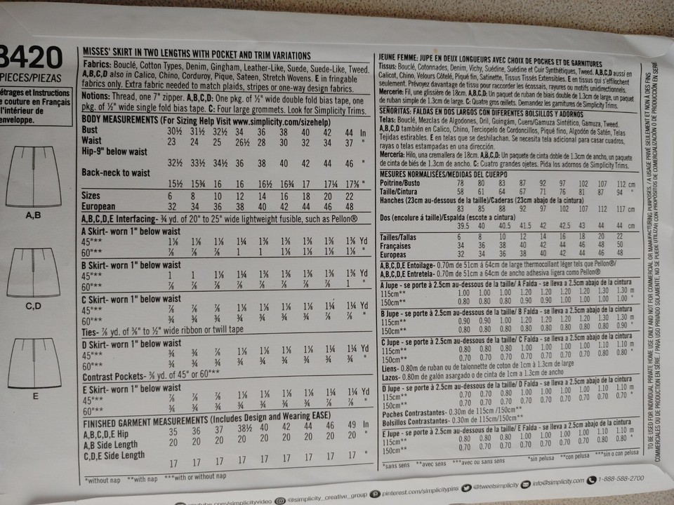 Simplicity Pattern 8420 Skirts Color Block Two Lengths Sizes 6 8 10 12 14 | eBay