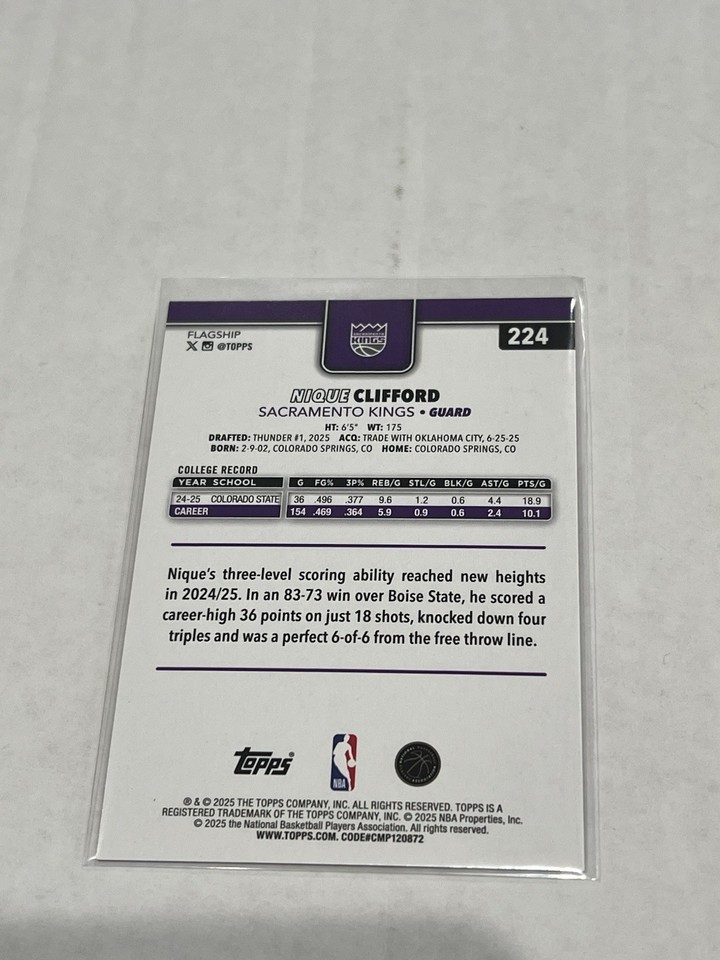 2025-26 Topps Basketball Nique Clifford RC Rookie True Orange Parallel ...