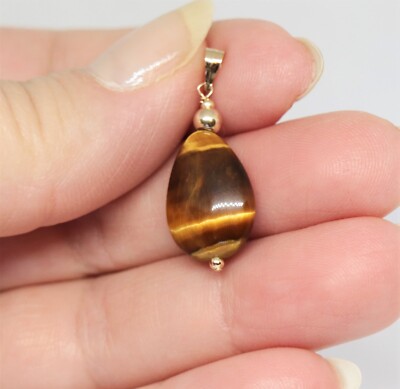 Gorgeous 14K Solid Yellow Gold Natural Tiger's Eye Teardrop Pendent | eBay