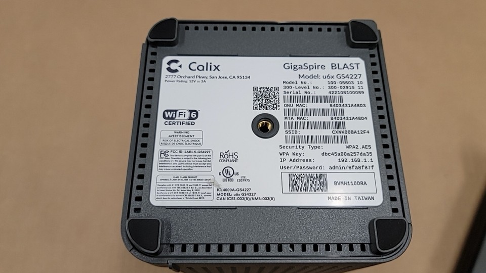 Calix GigaSpire GS4227 Wireless WiFi 6 Router 100-05603 w/Adapter and 1 ...