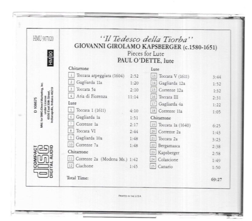 KAPSBERGER PIECES FOR LUTE CD PAUL O'DETTE IL TEDESCO DELLA TIORBA CD ...