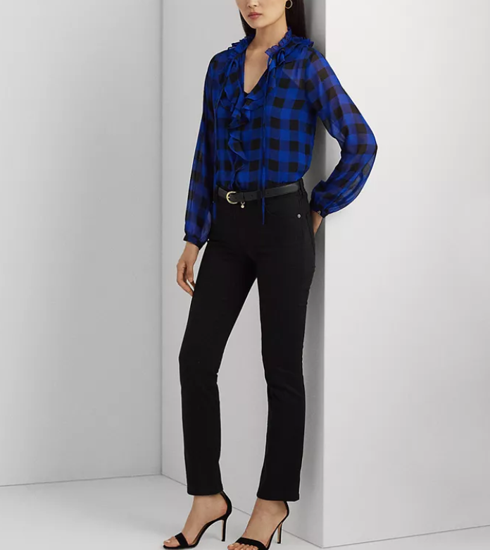 Ralph Lauren Buffalo Check Ruffled Georgette Blouse 5A 2302 | eBay