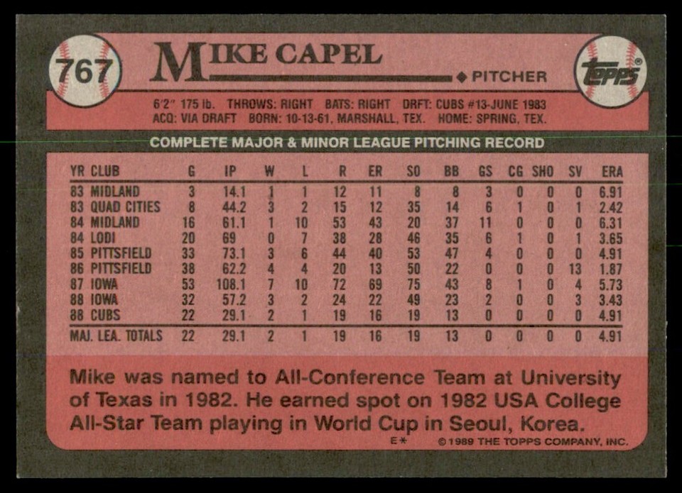 1989 Topps Baseball #767 Mike Capel Rookie | eBay