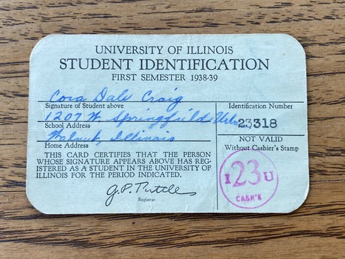 Vintage University of Illinois Student Identification Card 1938 1939 ...