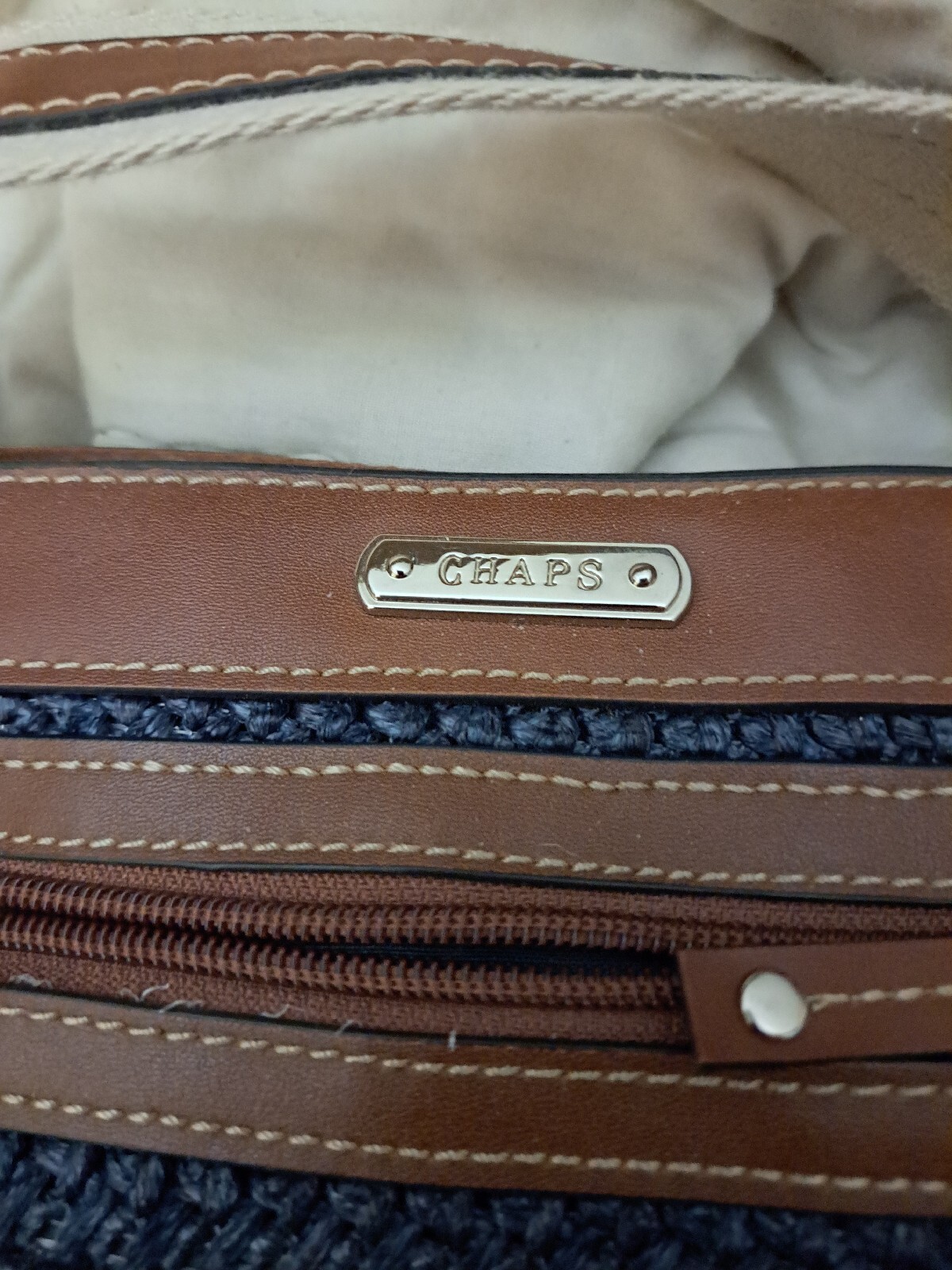 Chaps Crossbody Handbag Purse Ratan Woven Straw Navy Blue Brown Tan ...