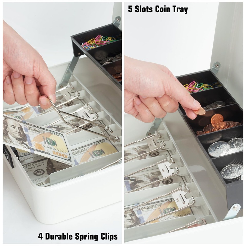 XL White Cash Box, 11.8x9.45x3.54, Combination Lock, Money Tray, Metal ...