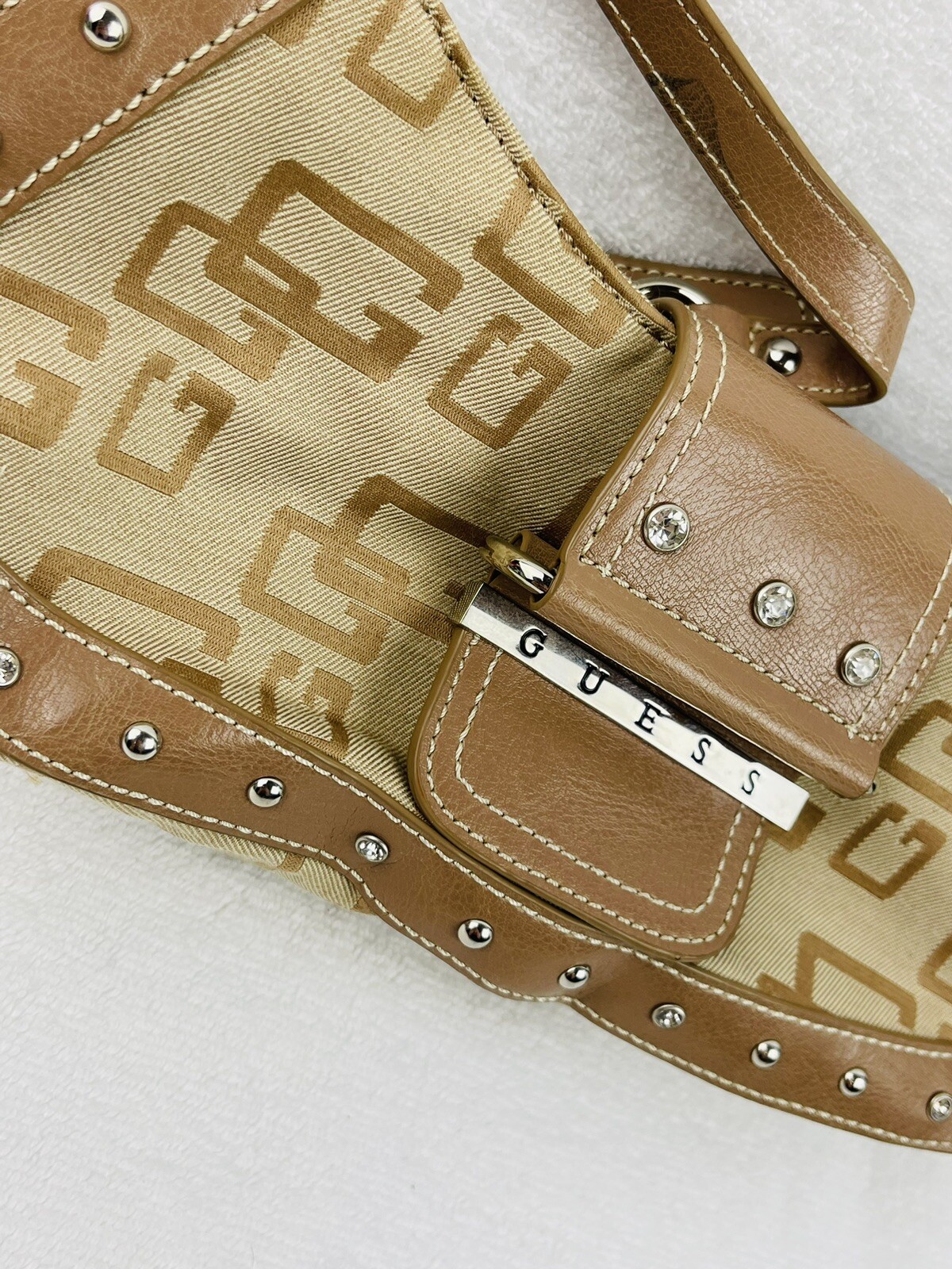 Vintage Guess Hand Bag Purse Monogram Tan Small Y2K Silver Hardware | eBay