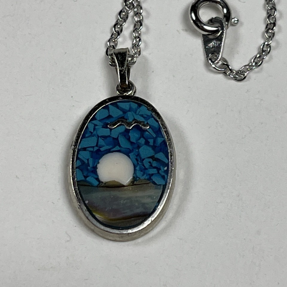 Inlaid Mother Of Pearl Turquoise chips Pendant Necklace Beach Sunset ...