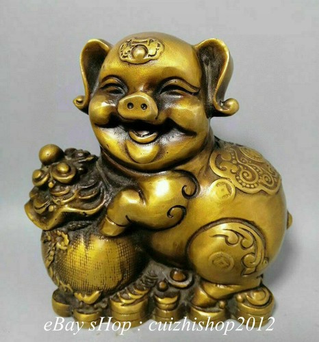 6" Rare Old Chinese Copper Feng Shui Happiness Fu Pig Swine Moneybag ...