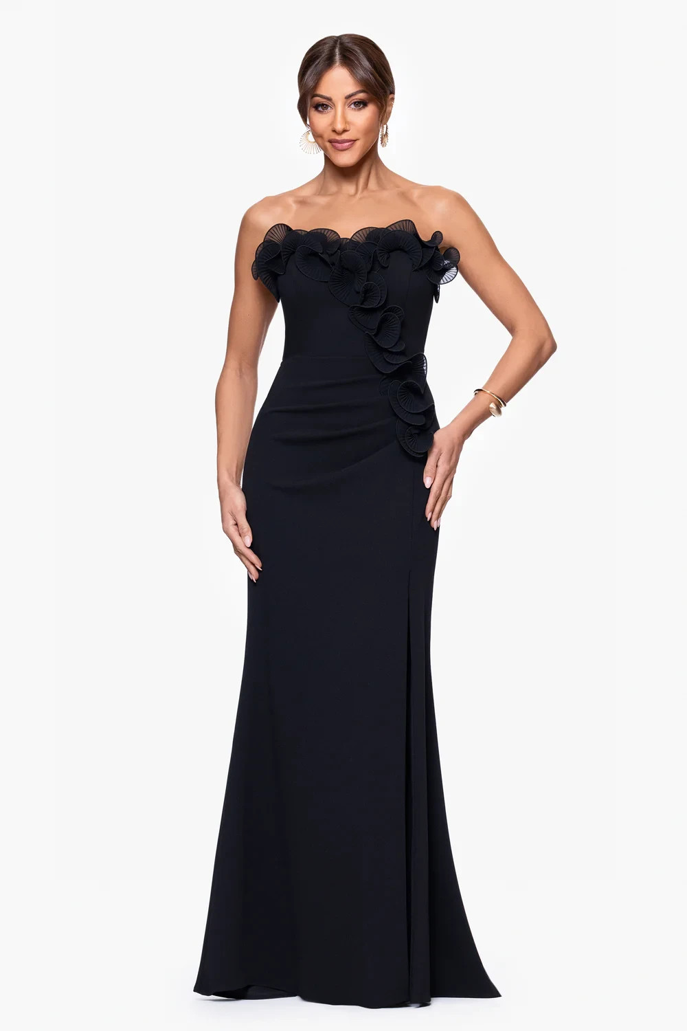 Xscape Black Ruffle Detail Strapless Scuba Crepe Sheath Gown Size 8 ...