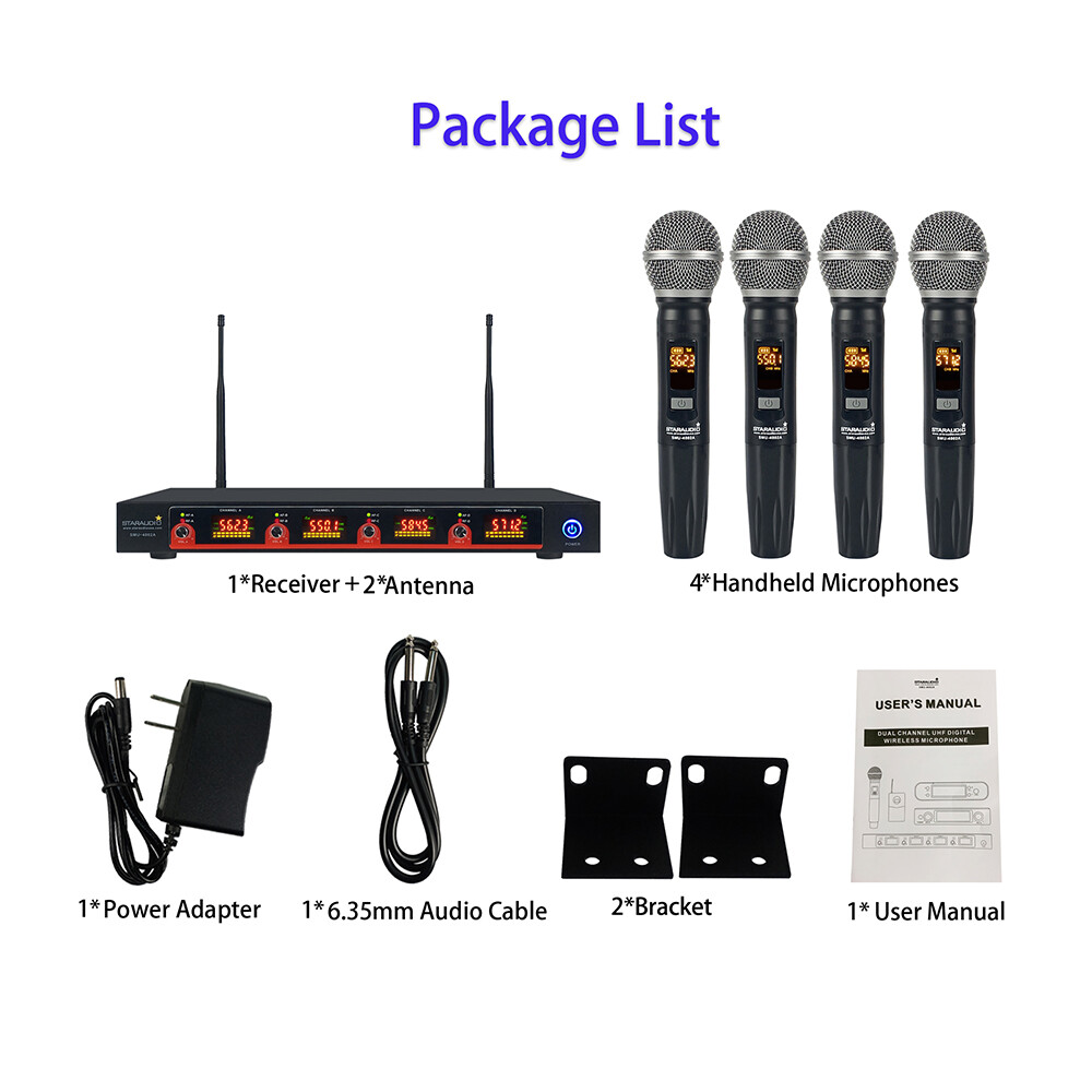 4 Channel UHF Handheld Wireless Microphone System 4CH Frequency Stage ...