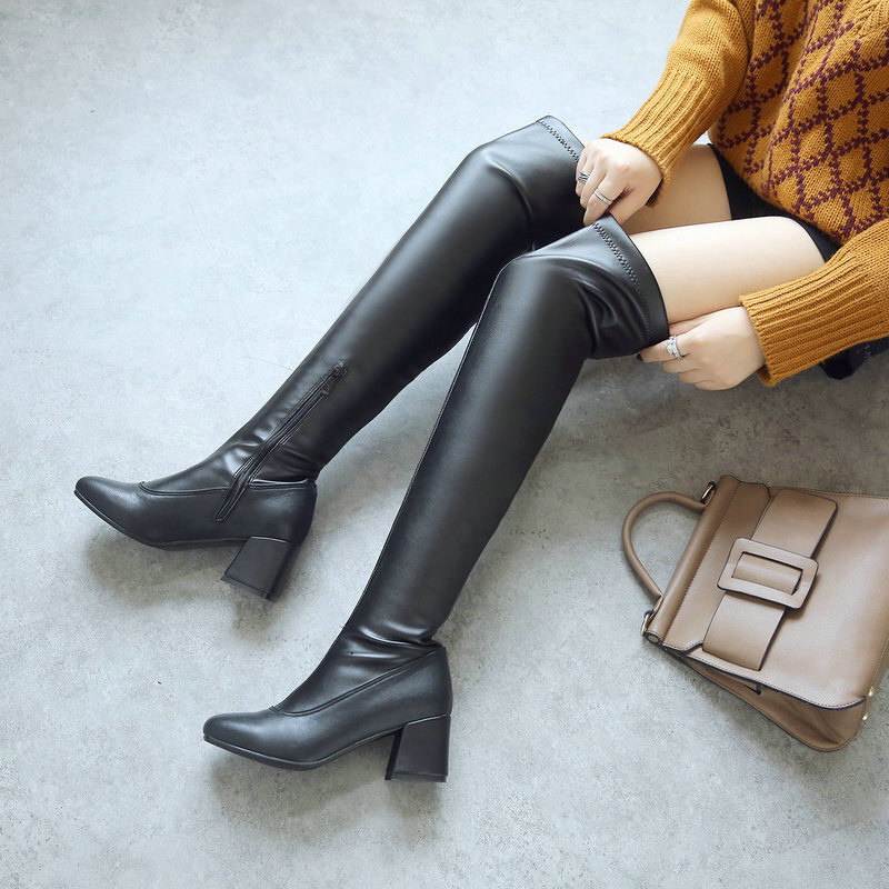 Over The Knee Block Women Low Heel Casual Ladies Stretch Thigh High ...