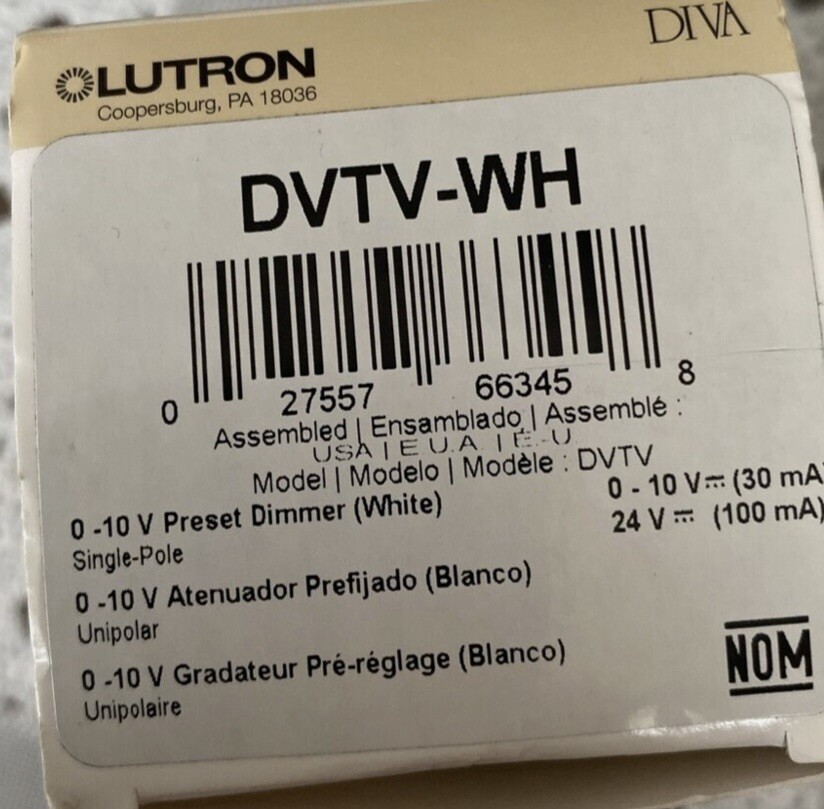 (1) NEW LUTRON DIVA DVTV-WH 0-10V DIMMER FOR LED/CFL 24VDC SINGLE-POLE ...