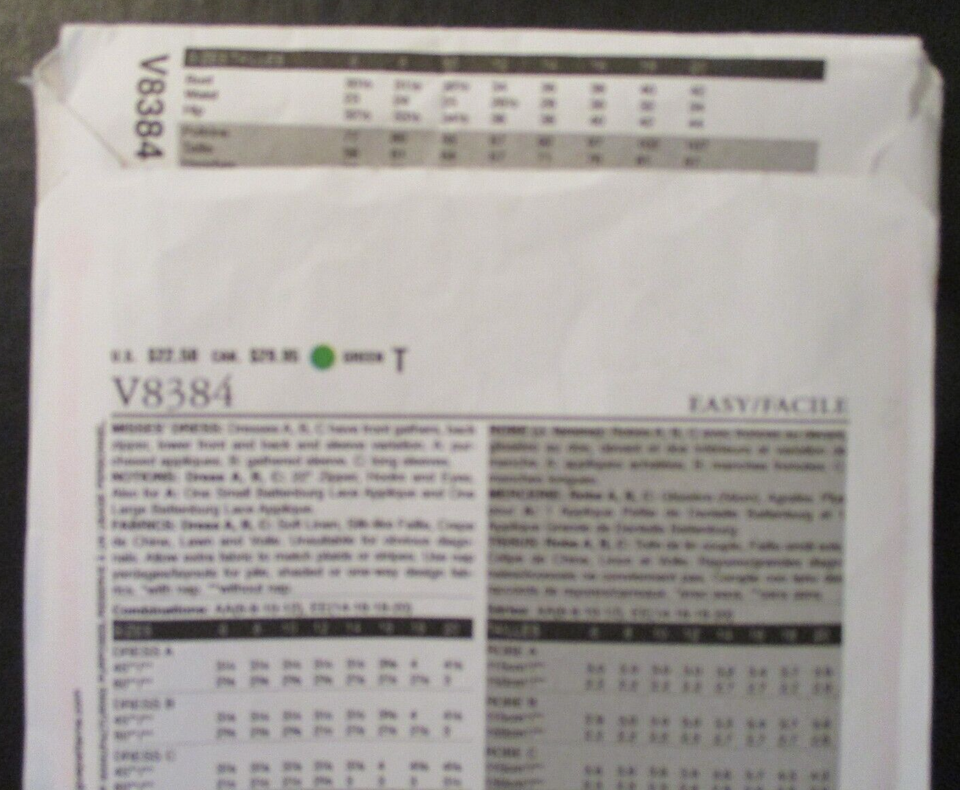 Vogue Pattern 8384 Misses Dress Size 6-8-10-12 Sleeve Variations Cut ...