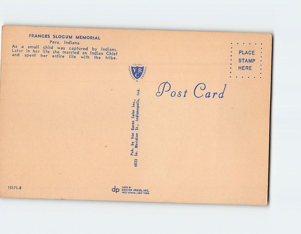 Postcard Frances Slocum Memorial, Peru, Indiana | eBay