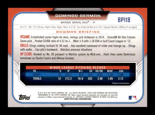 2015 Bowman - Prospects #BP118 Domingo German (RC) for sale online | eBay