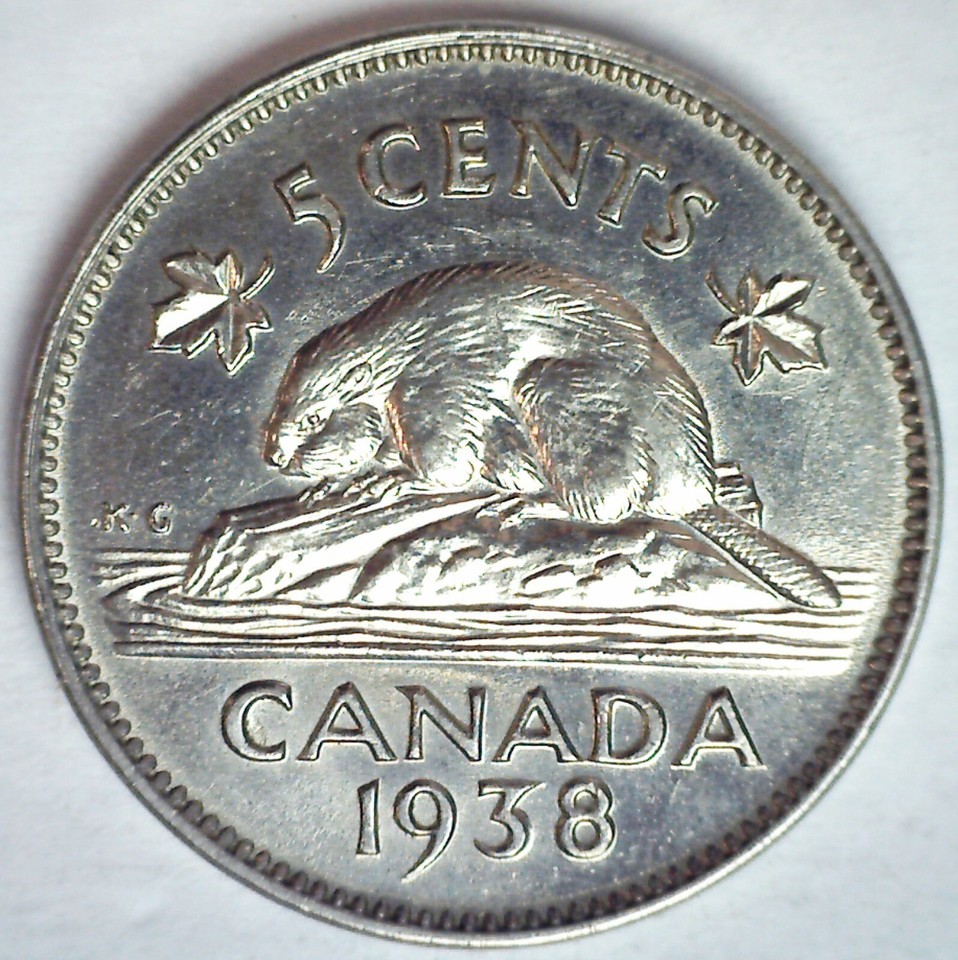 1938 Canada Five Cents 5c Canadian Coin Uncirculated George VI Nickel ...