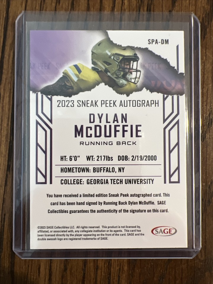 DYLAN McDUFFIE 2023 SAGE RC AUTO Autograph Silver Sneak Peek Georgia ...