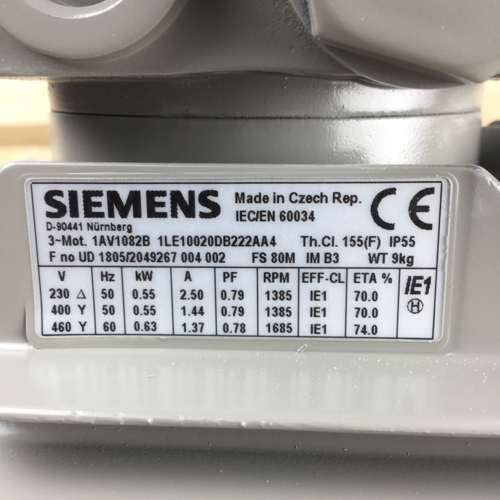 1LE1002-0DB22-2AA4 Siemens IE1 = standard = EFF2 80-4P 0,55kW 230/400V ...